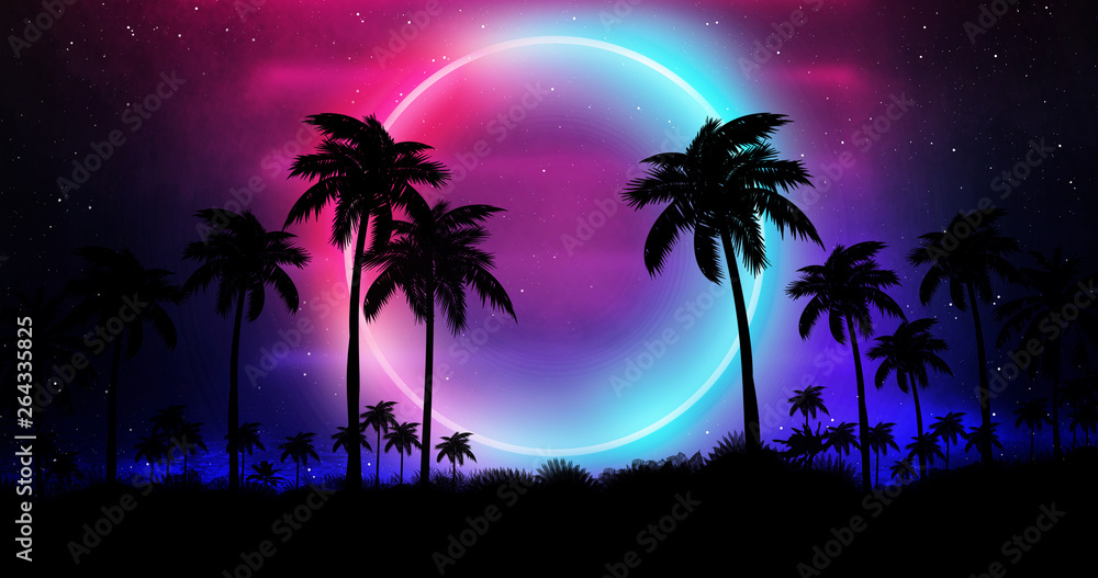 Night landscape with palm trees, against the backdrop of a neon sunset ...