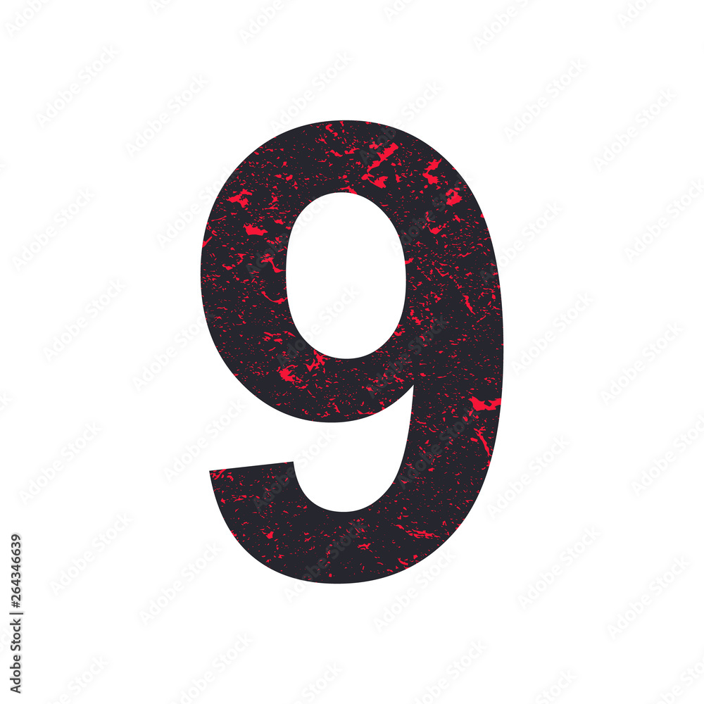 Number nine. 9 stylized grunge texture. Red-black stone texture. Vector ...