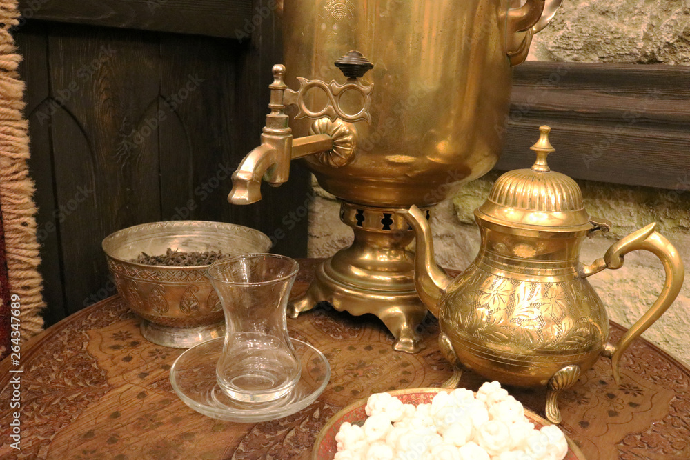 Vintage copper samovar, glass (armudu), kettle, bowl and sugar (nogul ...