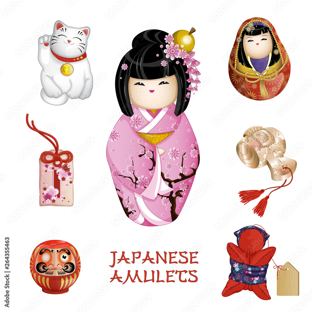 A set of Japanese amulets: kokeshi, happy cat, omamori, daruma ...