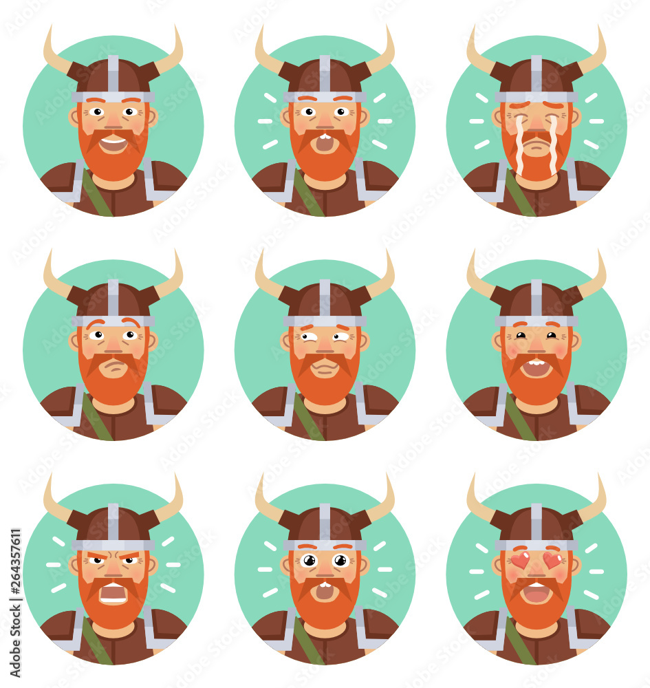 Set of viking emoticons. Viking avatars showing different emotions ...