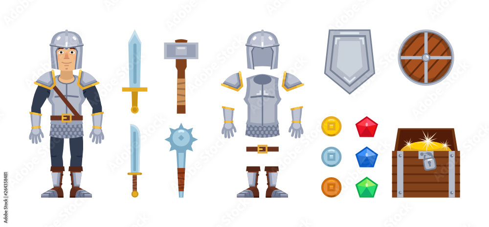 Knight character with different game elements. Vector icons of sword ...