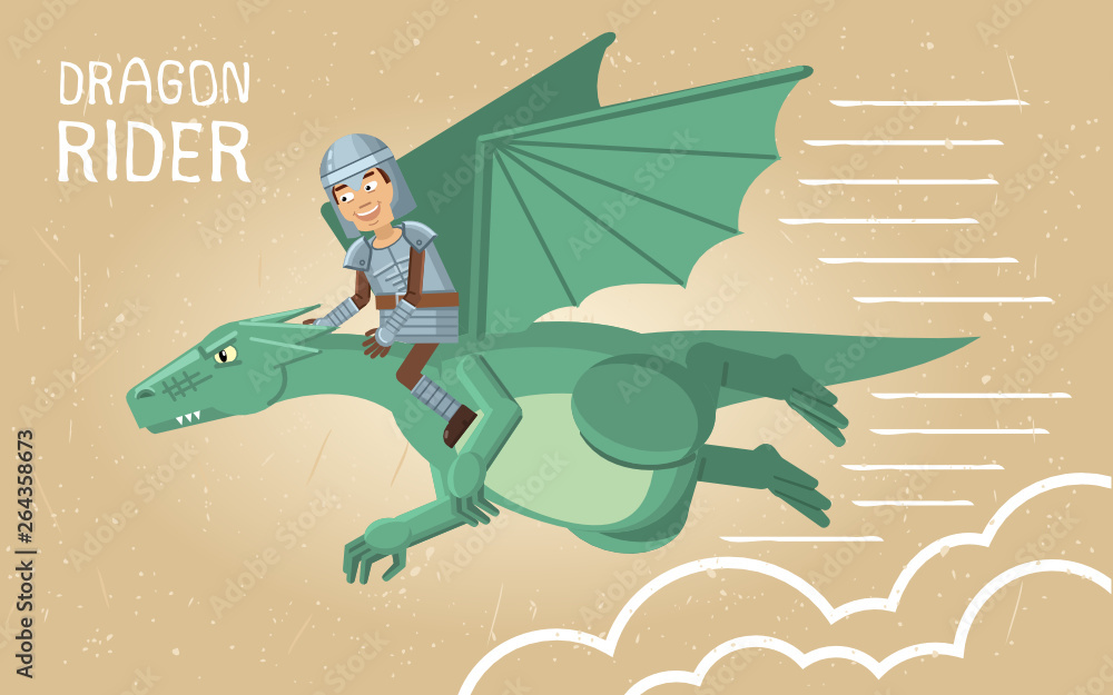 Illustration of a medieval knight flying on a dragon. Dragon rider ...