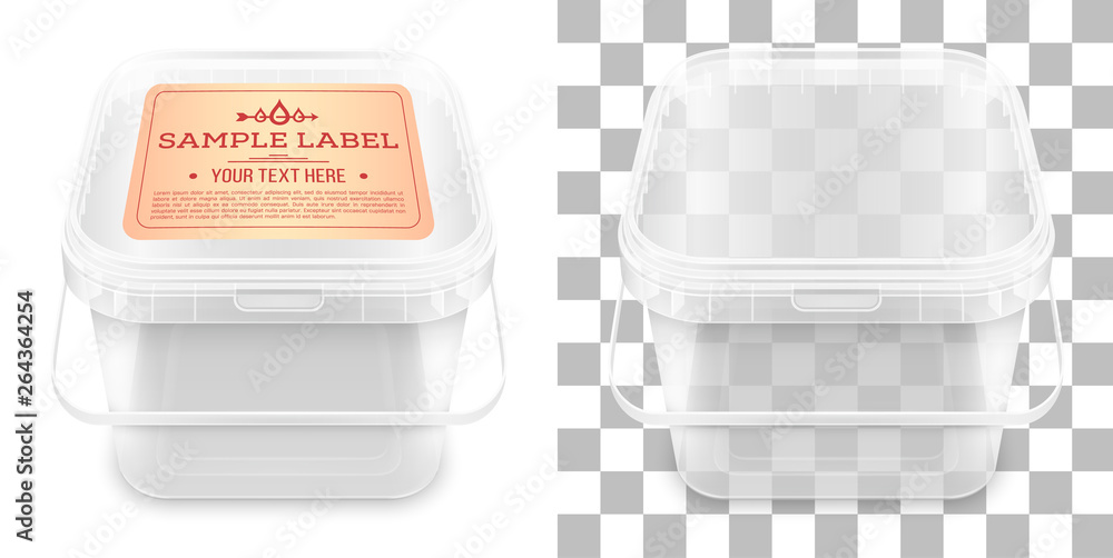 Vector transparent square empty plastic bucket with label. Top view ...