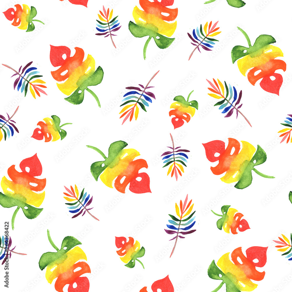 Watercolor illustration pattern tropical rainbow colored leaves. hand ...