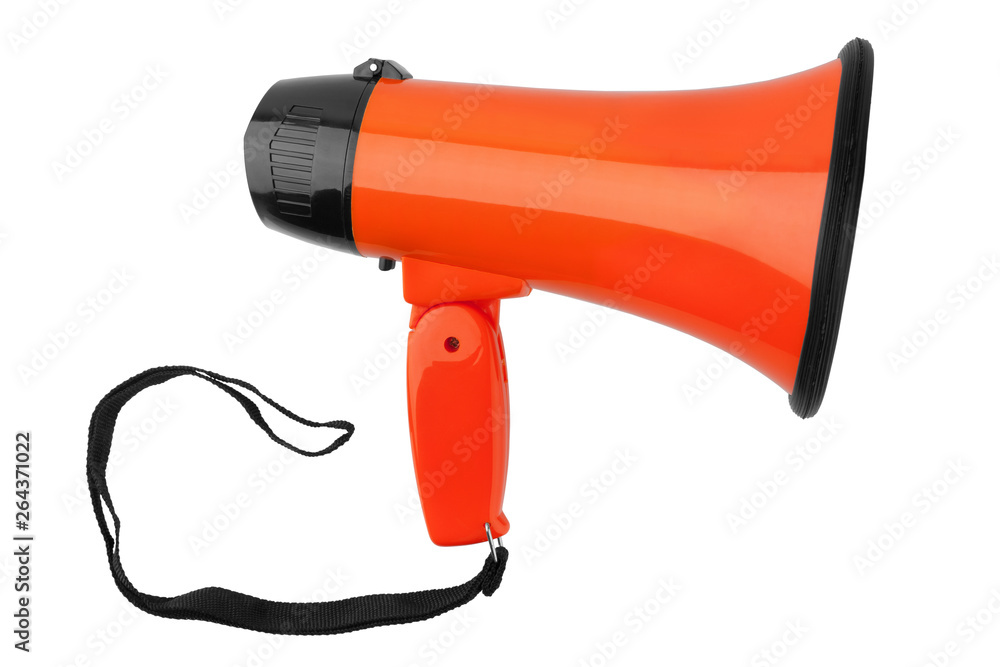 Orange megaphone on white background isolated close up, hand ...