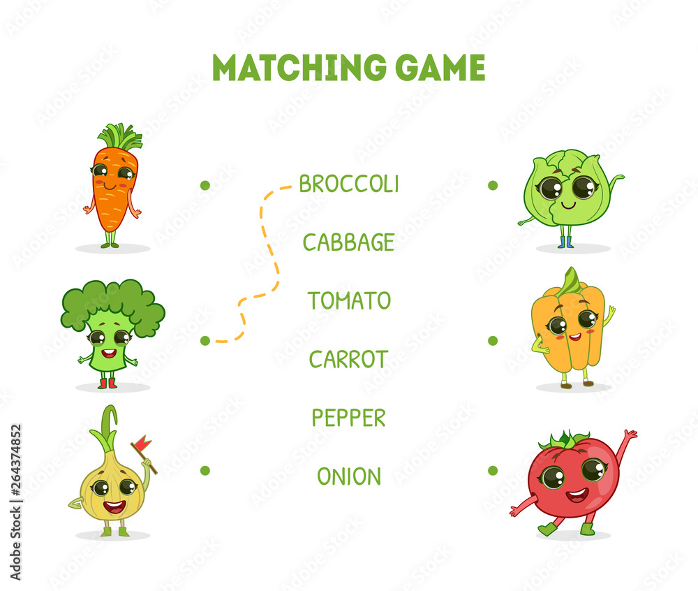 Matching Game With Cute Vegetables Characters Word Matching Quiz