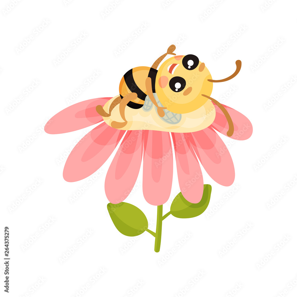 Cartoon humanized bee lies on a flower. Vector illustration. Stock ...