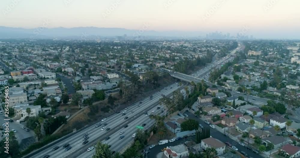 New Freeway Aerial of Downtown Los Angeles alongside the Santa Monica ...