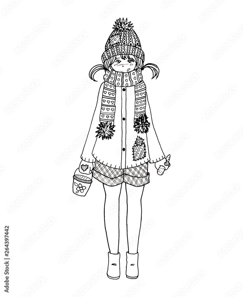 Winter girl anime manga cartoon isolated sketch line art Stock Vector ...