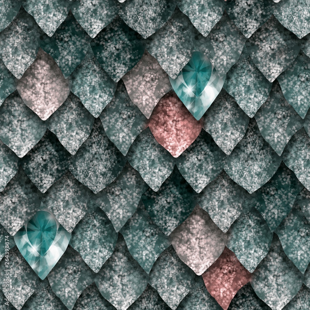 Seamless texture of dragon scales and gems, reptile skin background ...