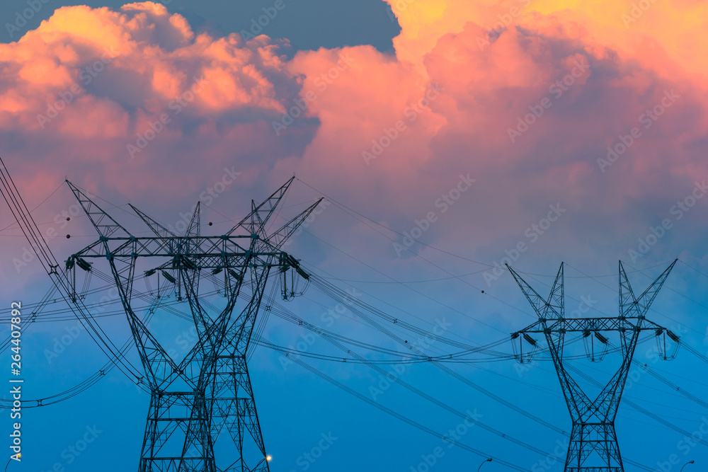 Electric power lines coming out from a substation at Foz do Iguazu ...