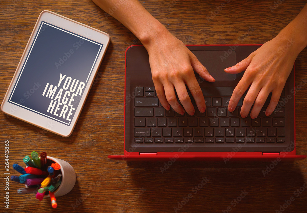 Top View of Person Using Laptop and Tablet on Desk Mockup Stock ...