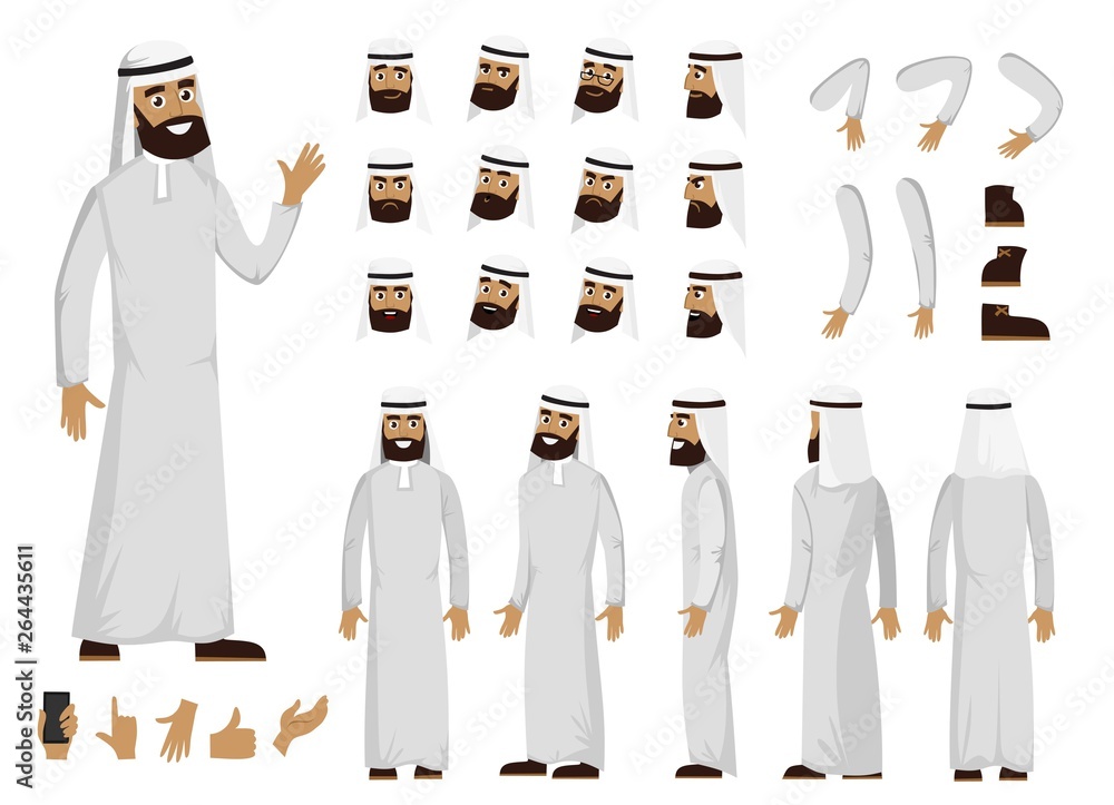 Arab man character constructor set in flat style. Muslim man DIY set ...