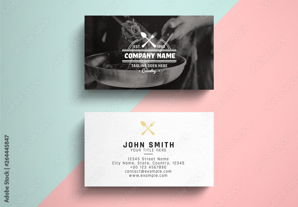 Restaurant Business Card Layout with Graphic Logo over Photo Background ...