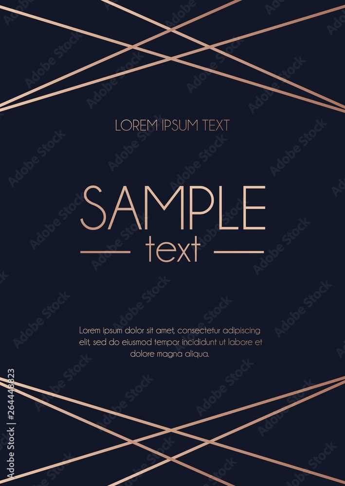 Modern rose gold card with abstract lines and navy blue background ...