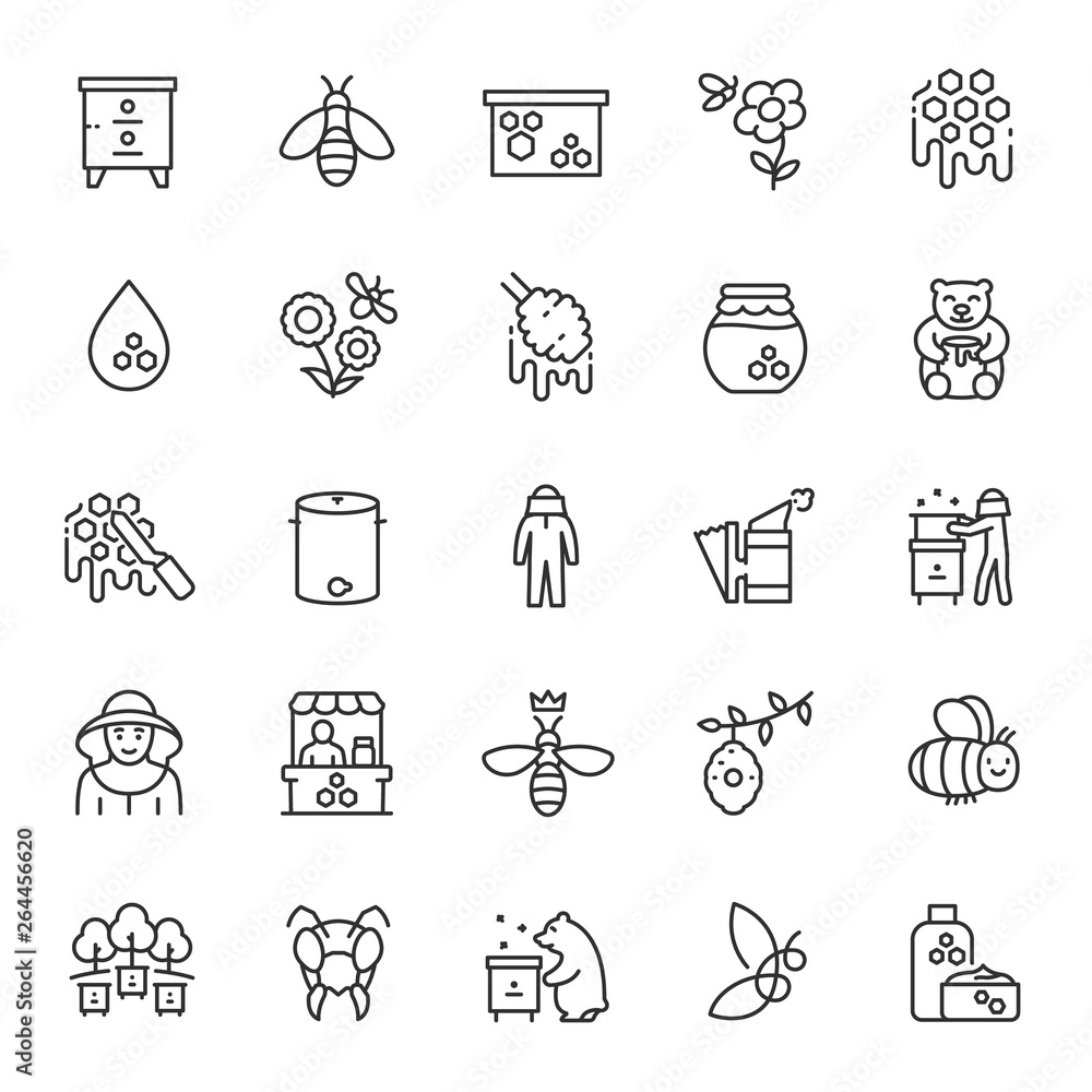 Beekeeping, icon set. Production of honey, beekeeping equipment. Apiary ...