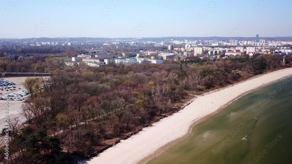 Bay of gdansk aerial, city aerial panorama from the sea side. Flying ...