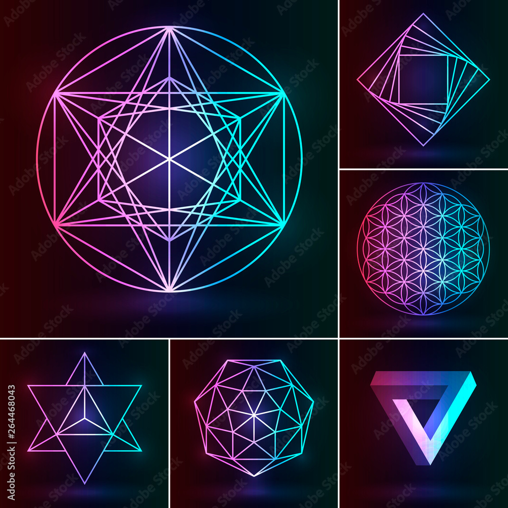 Vecteur Stock Sacred geometry set. Vector esoteric ornament on the neon ...