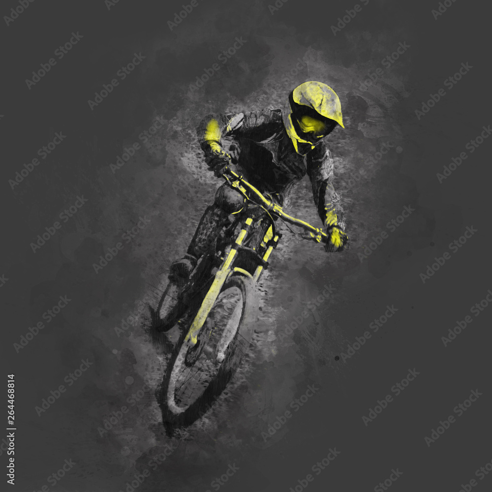 Pencil drawing illustration of a cyclist on a downhill bike on gray ...