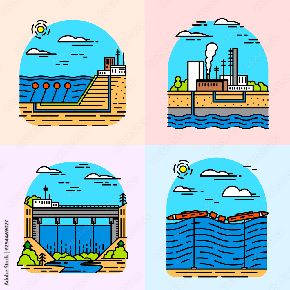Power plants icons. Industrial buildings. Nuclear Factories, Chemical ...