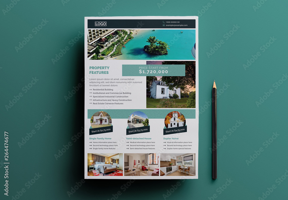 Real Estate Flyer Layout with Teal Accents Stock Template | Adobe Stock