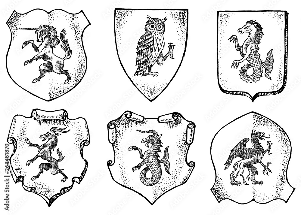Heraldry in vintage style. Engraved coat of arms with animals, birds ...