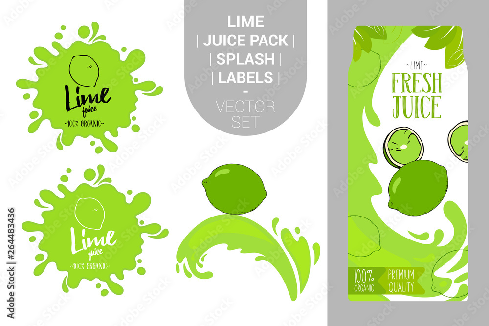 cartoon lime on juice splash. Fresh citrus juice pack with Organic ...