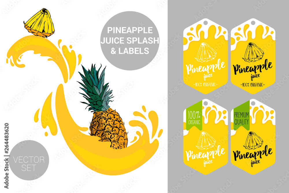 cartoon pineapple cut with juice splashes. Organic fruit labels tags ...