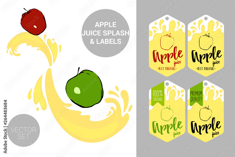 cartoon red and green apples on juice splashes. Organic fruit labels ...