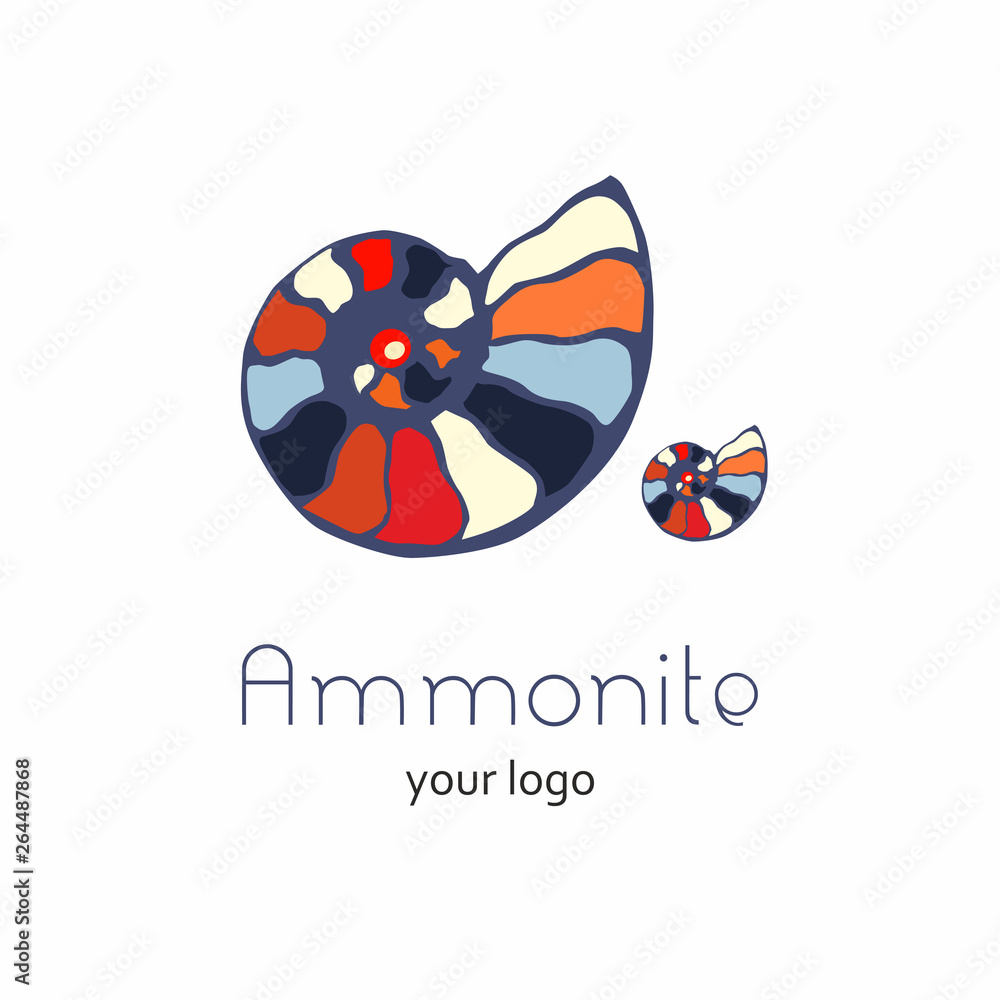 Fossil ammonite nautilus seashell vector logo. Hand drawn illustration ...