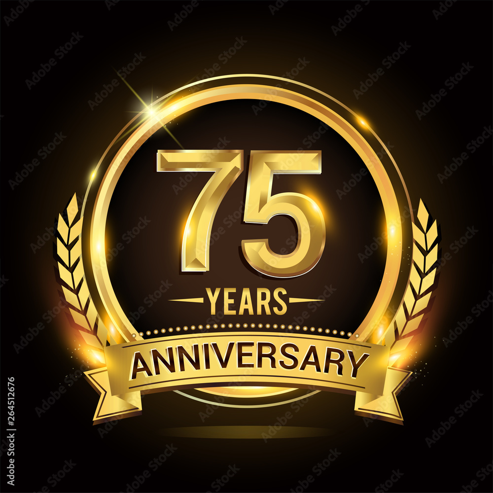 Celebrating 75th years anniversary logo with golden ring and ribbon ...