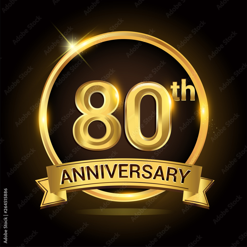 80th golden anniversary logo, with shiny ring and ribbon, laurel wreath ...