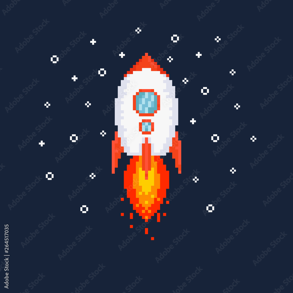 Pixel flying rocket illustration.8bit. Stock Vector | Adobe Stock