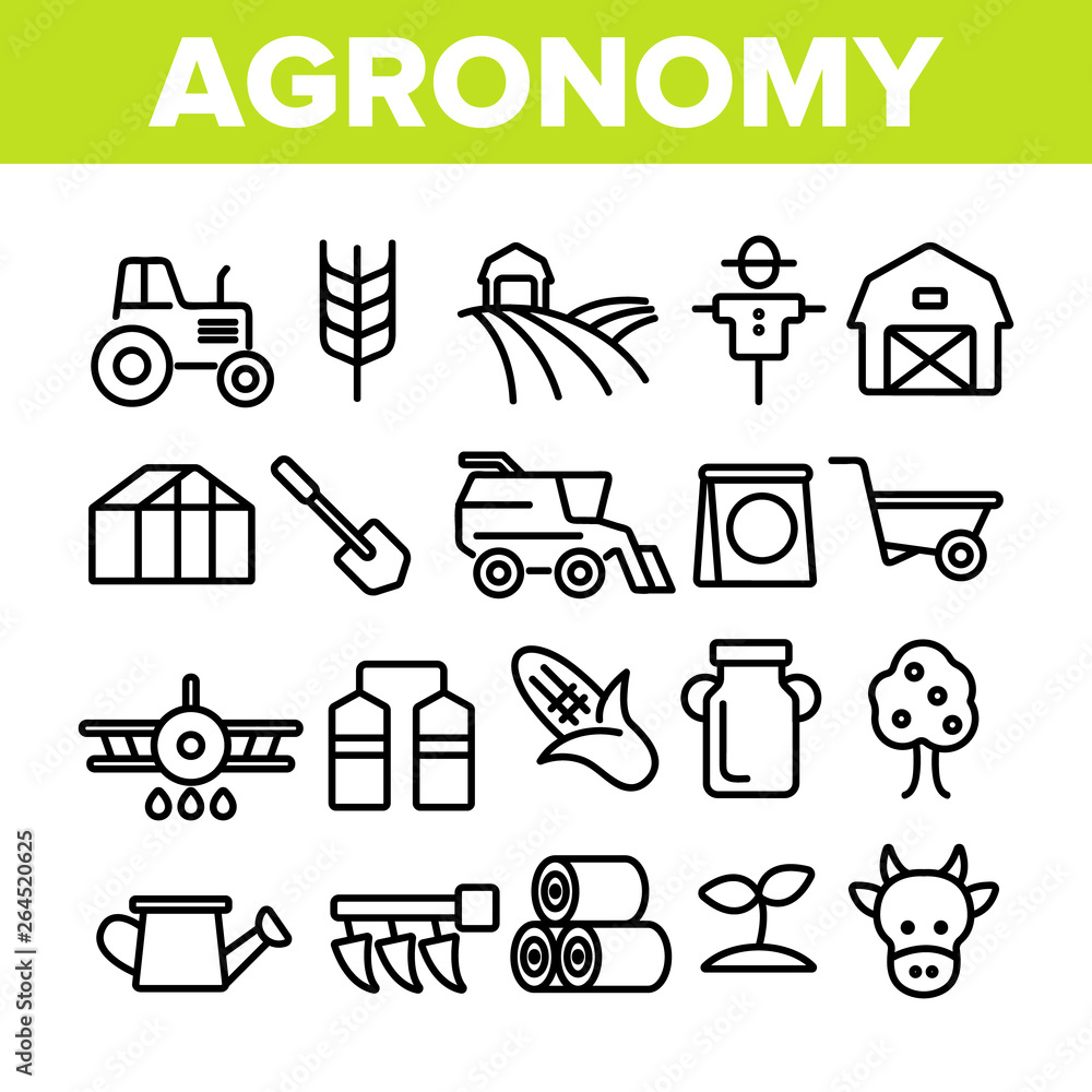 Agronomy Industry Vector Thin Line Icons Set. Agronomy Machinery Linear ...