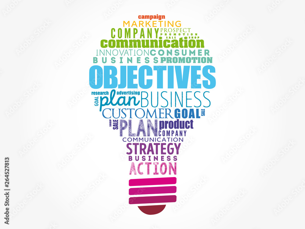 Objectives light bulb word cloud collage, business concept background ...