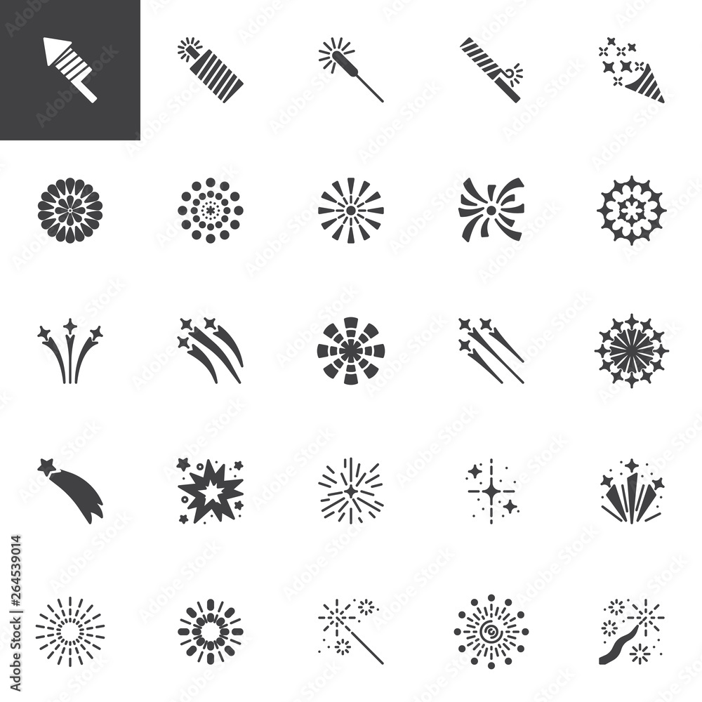 Fireworks rockets vector icons set, modern solid symbol collection ...