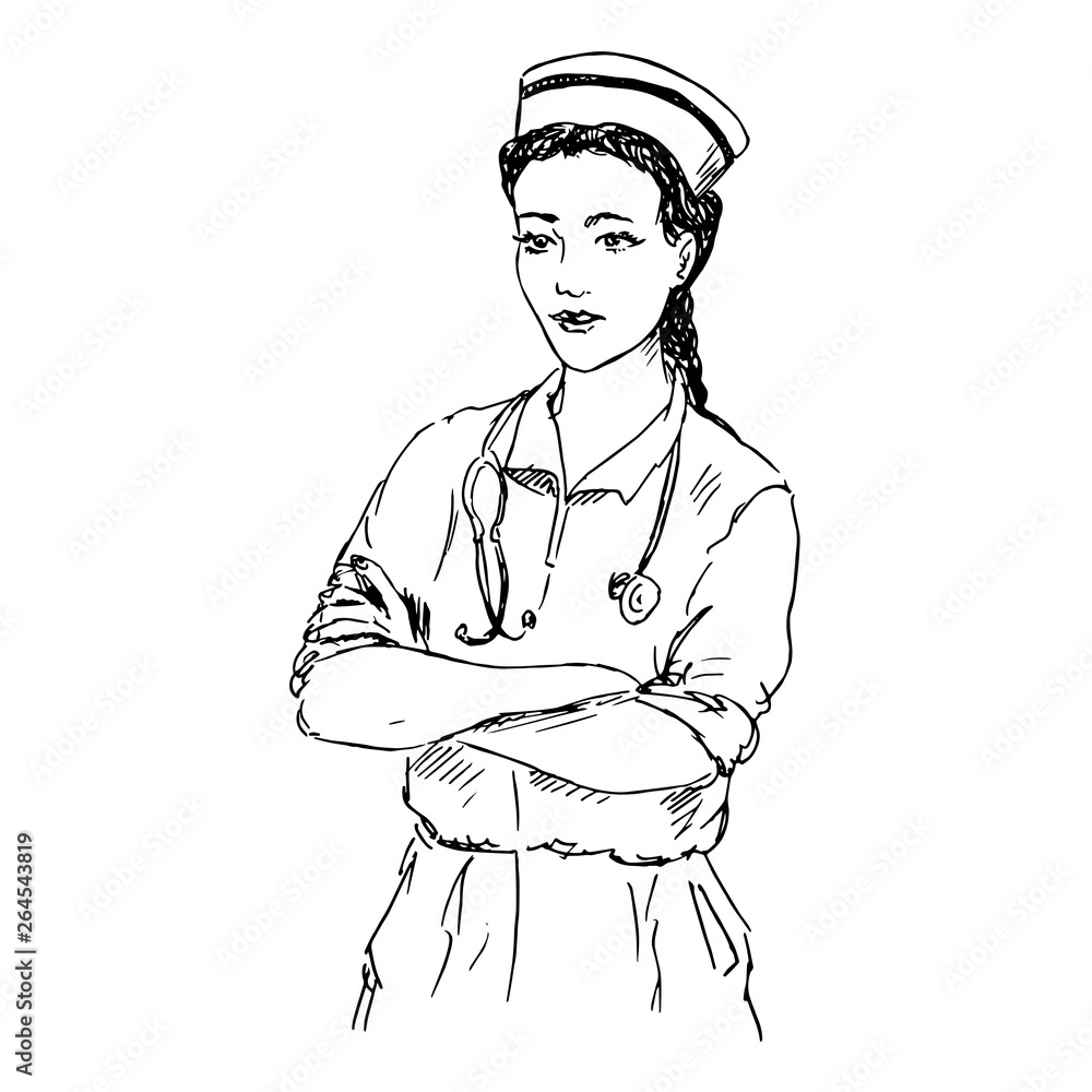 Nurse with stethoscope standing straight and smiling, hand drawn doodle ...