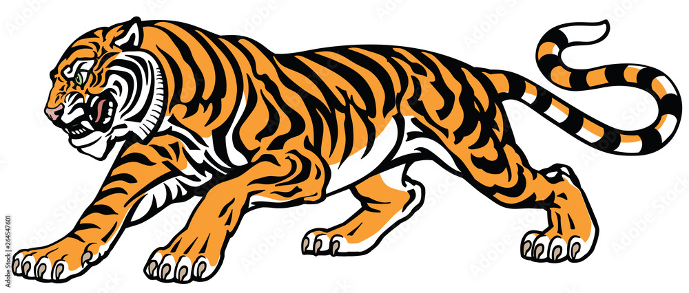 angry tiger in the aggressive attacking pose . Side view tattoo style ...