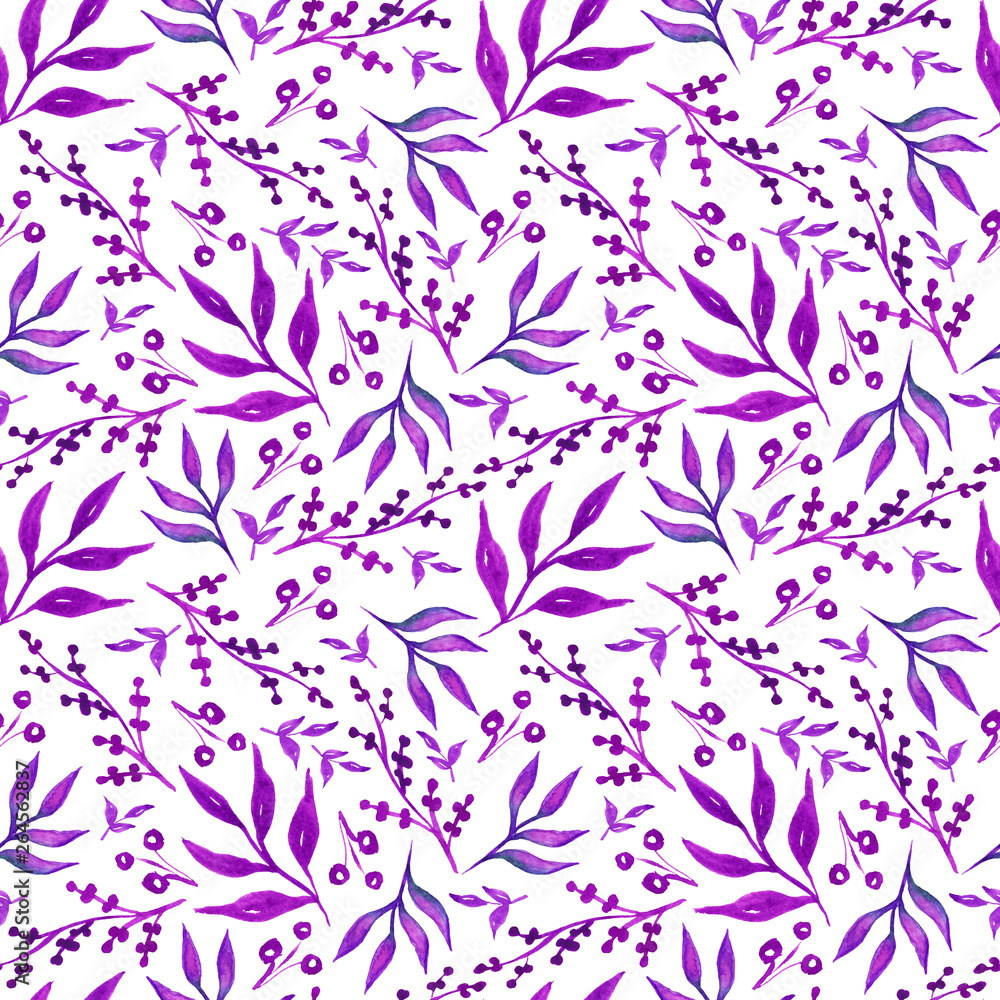 Print with purple plant leaves. Watercolor floral seamless pattern ...
