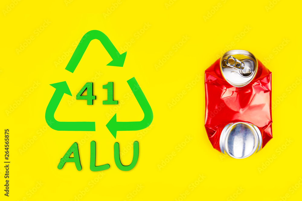 Compressed aluminum red reusable tin cans bottle and recycling sign ...