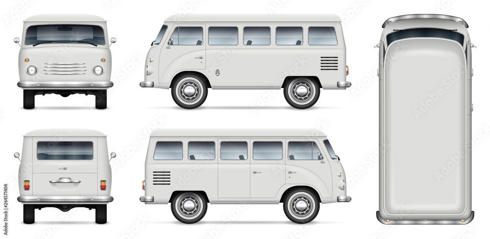 Retro minivan vector mockup on white background. Isolated passenger van ...