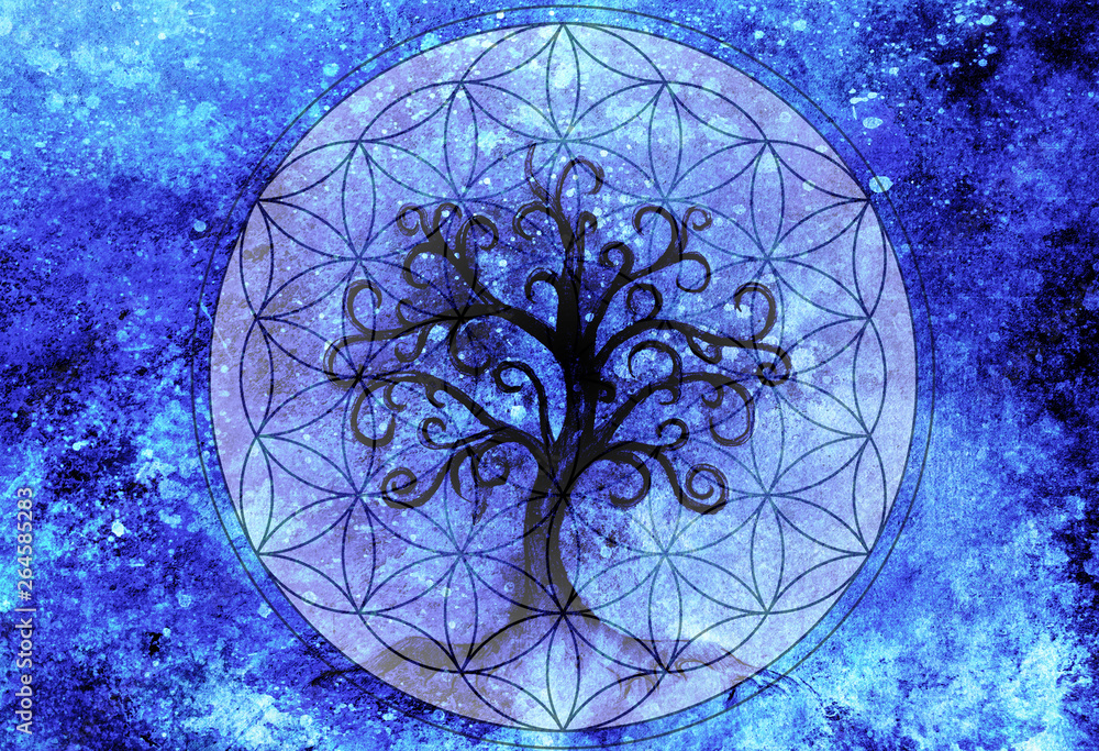 tree of life symbol on structured ornamental background, flower of life ...