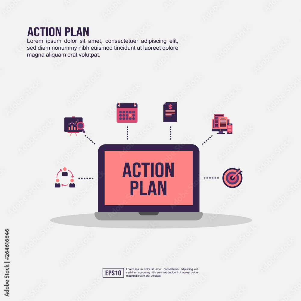 Action plan concept for presentation, promotion, social media marketing ...