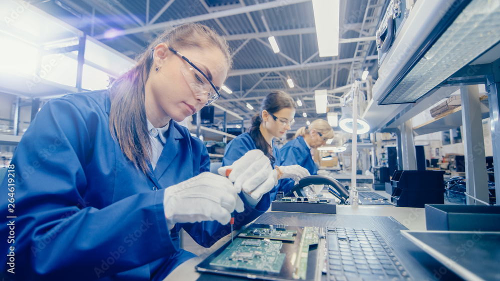 Female Electronics Factory Worker in Blue Work Coat and Protective ...