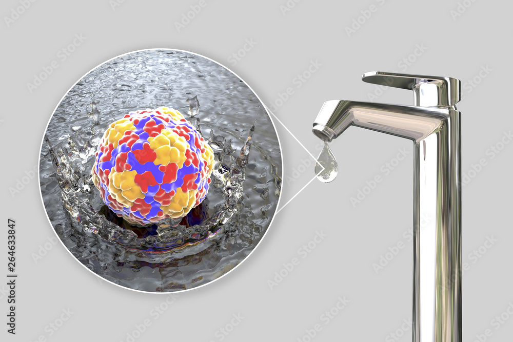 Safety of drinking water concept, 3D illustration showing Hepatitis A ...