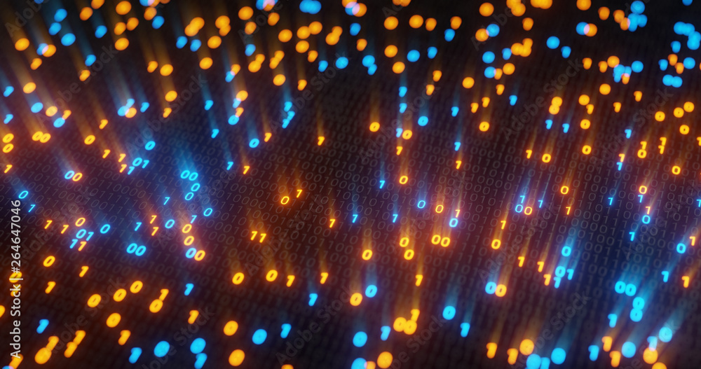 Abstract blue and orange digital binary code matrix background with ...