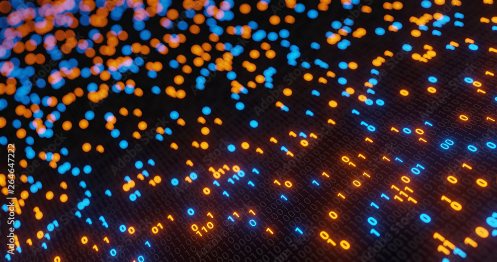 Abstract blue and orange digital binary code matrix background with ...