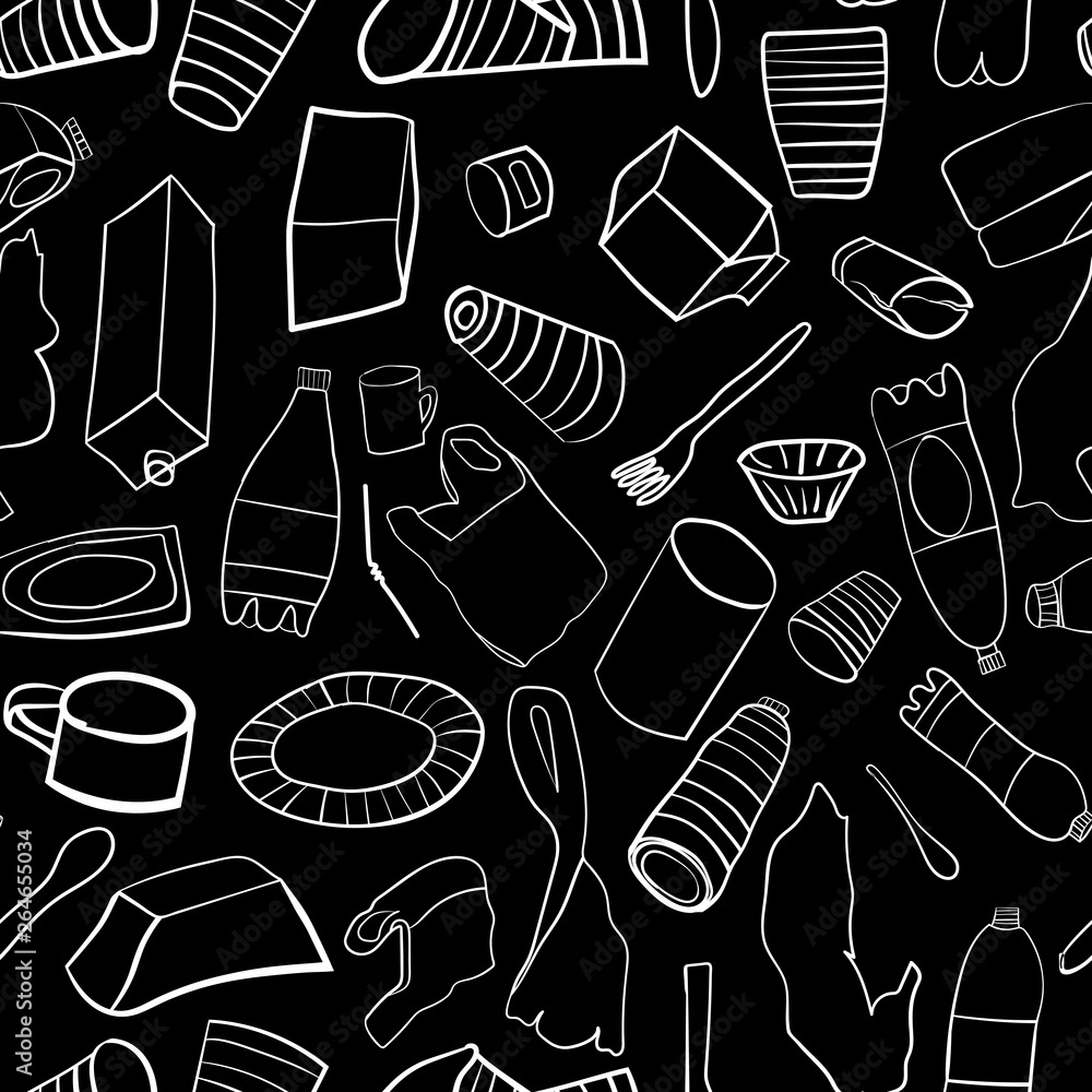 Seamless pattern in linear style of plastic items on a black background ...