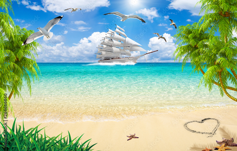 3d wallpaper lake and sea or waterfall Stock Photo | Adobe Stock